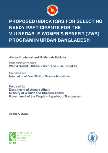 Proposed indicators for selecting needy participants for the Vulnerable Women's Benefit (VWB ...