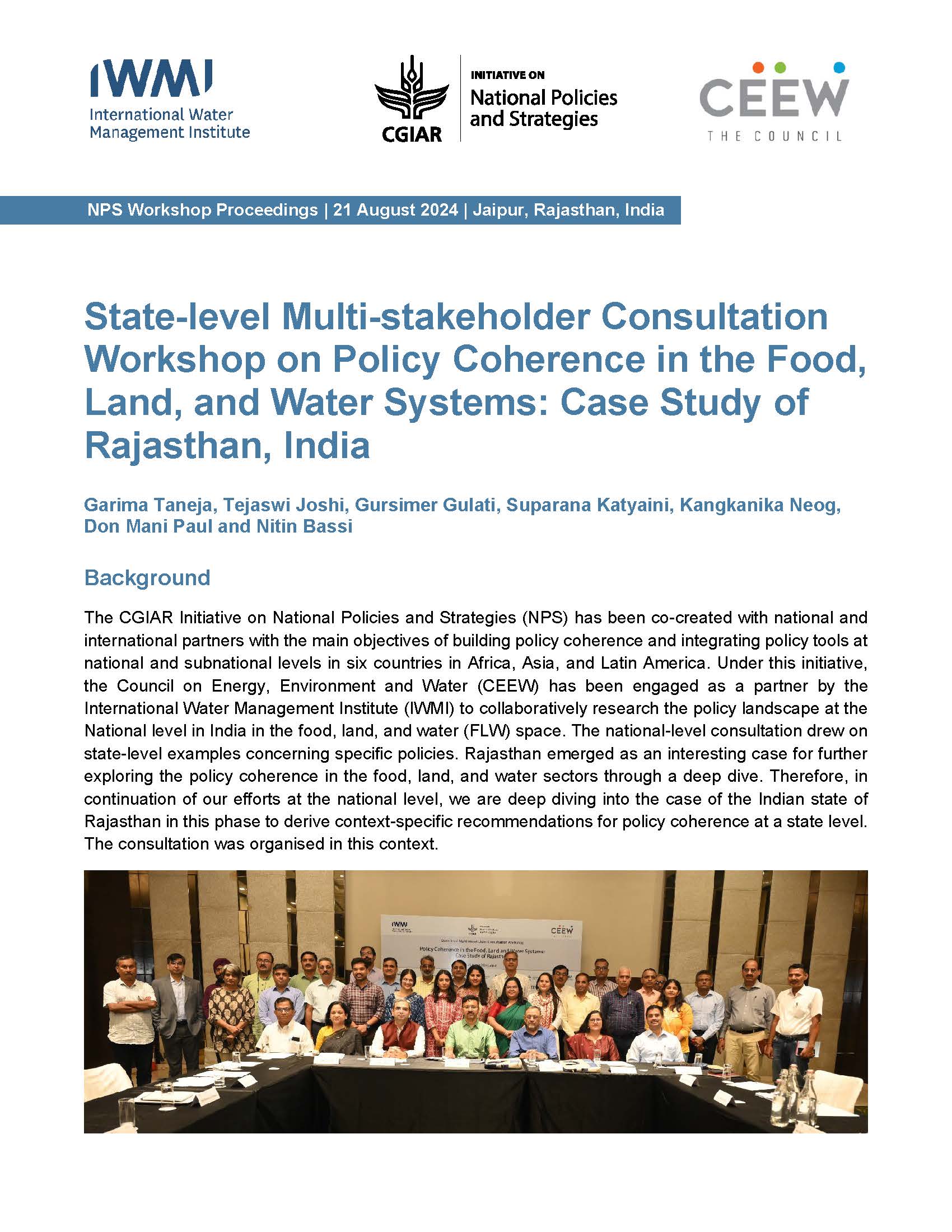 State-level multi-stakeholder consultation workshop on policy coherence in the food, land, and ...